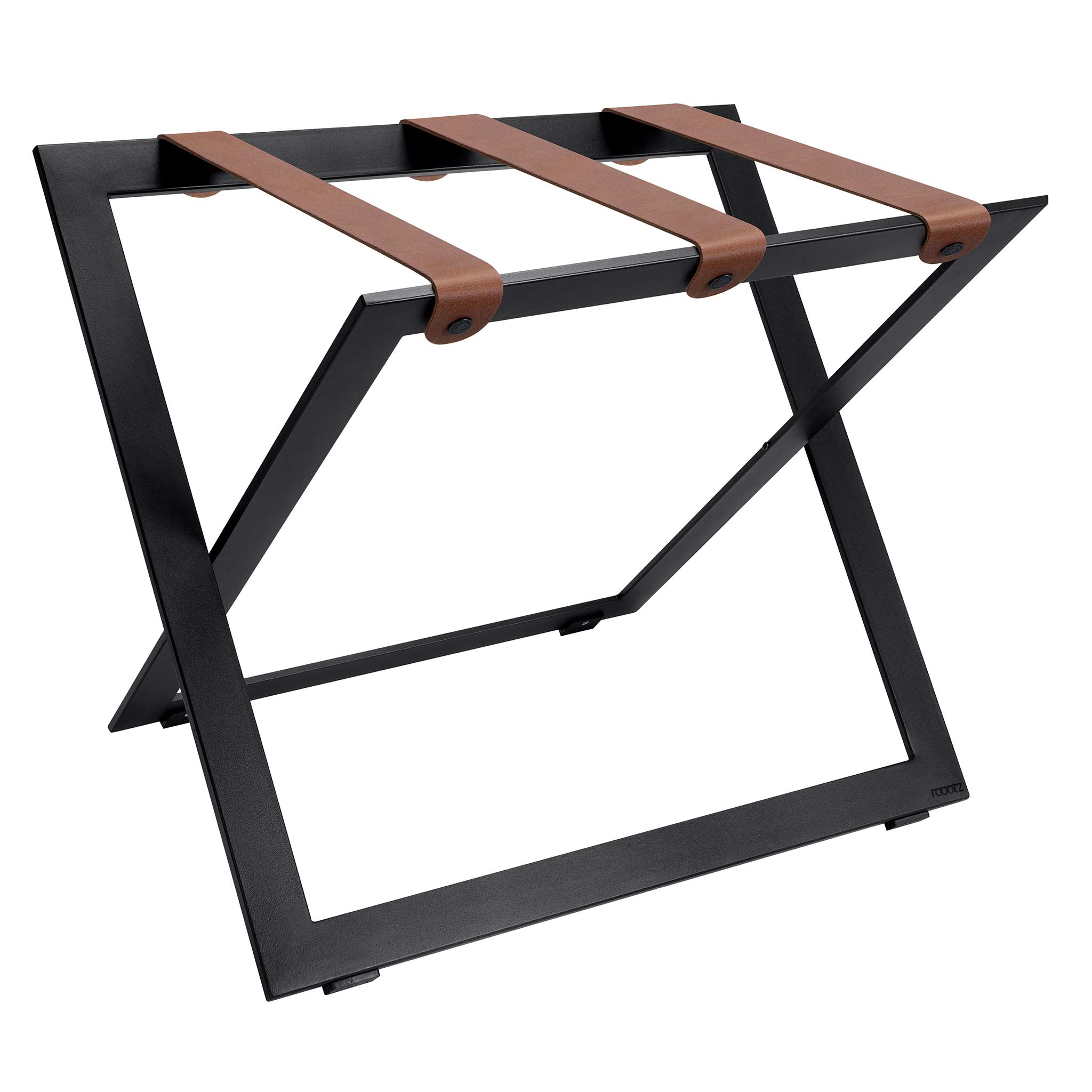 Black Steel Compact Luggage Rack with Leather Straps